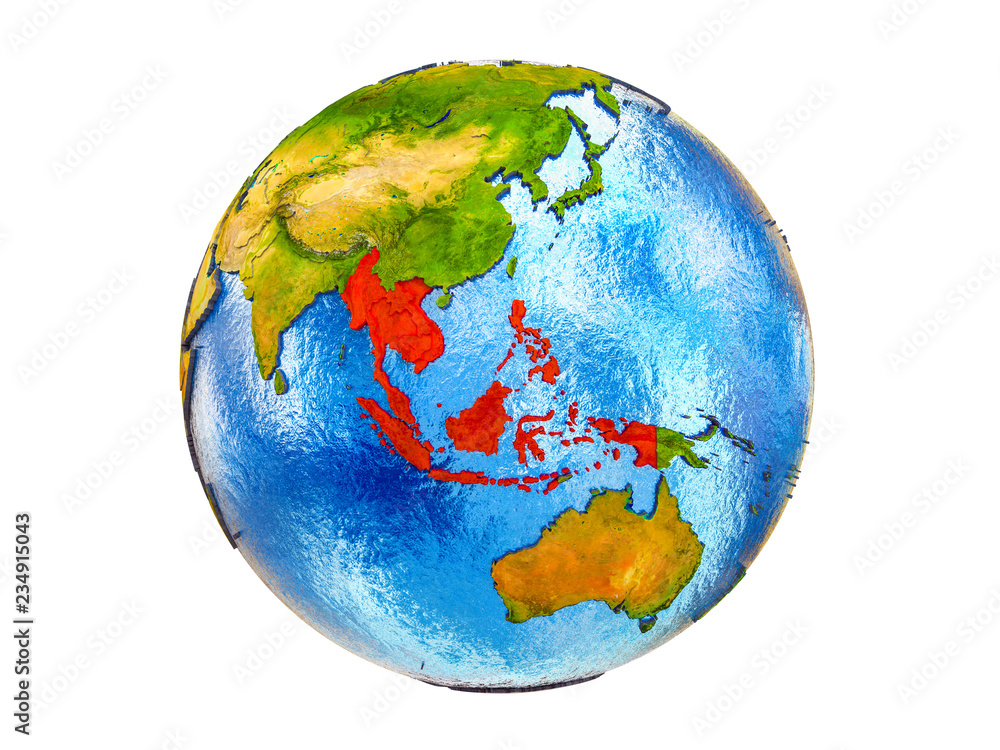 ASEAN memeber states on 3D model of Earth with country borders and ...