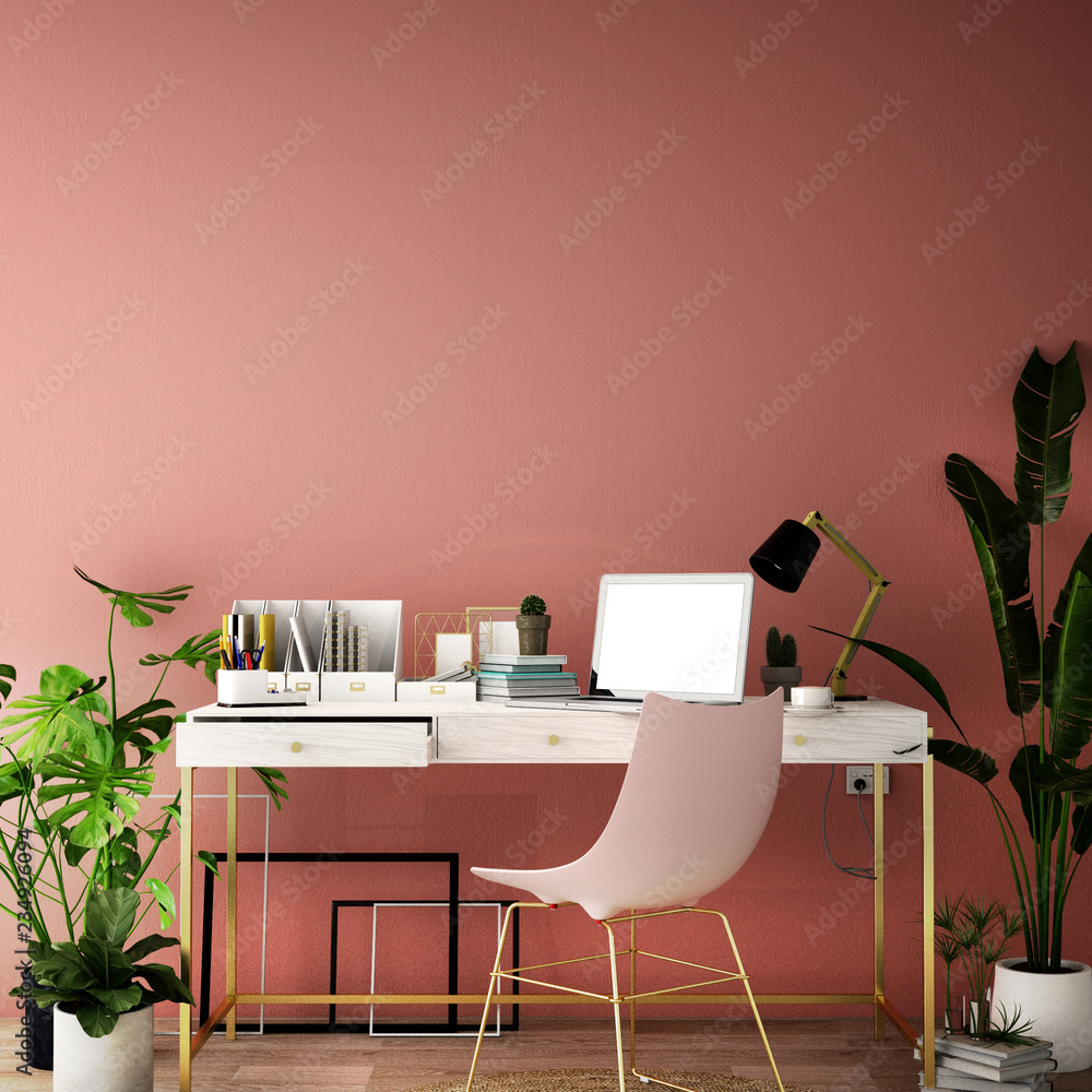 interior design for working area with Destop computer screen on white ...