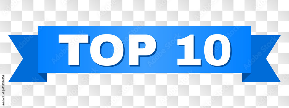 TOP 10 text on a ribbon. Designed with white caption and blue stripe ...