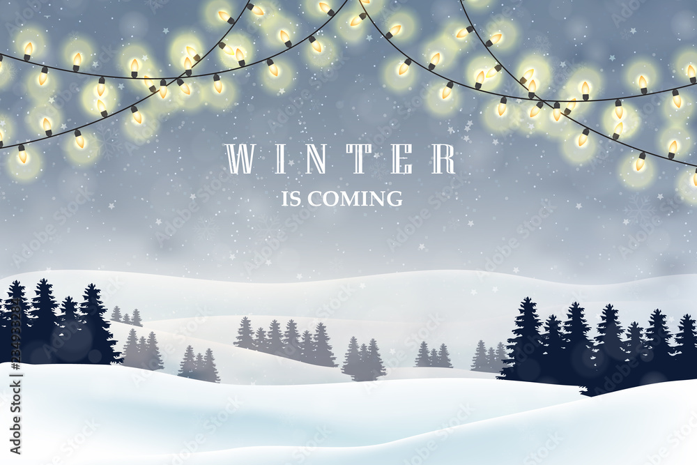 Winter is coming. Snowy night with firs, light garlands, falling snow ...