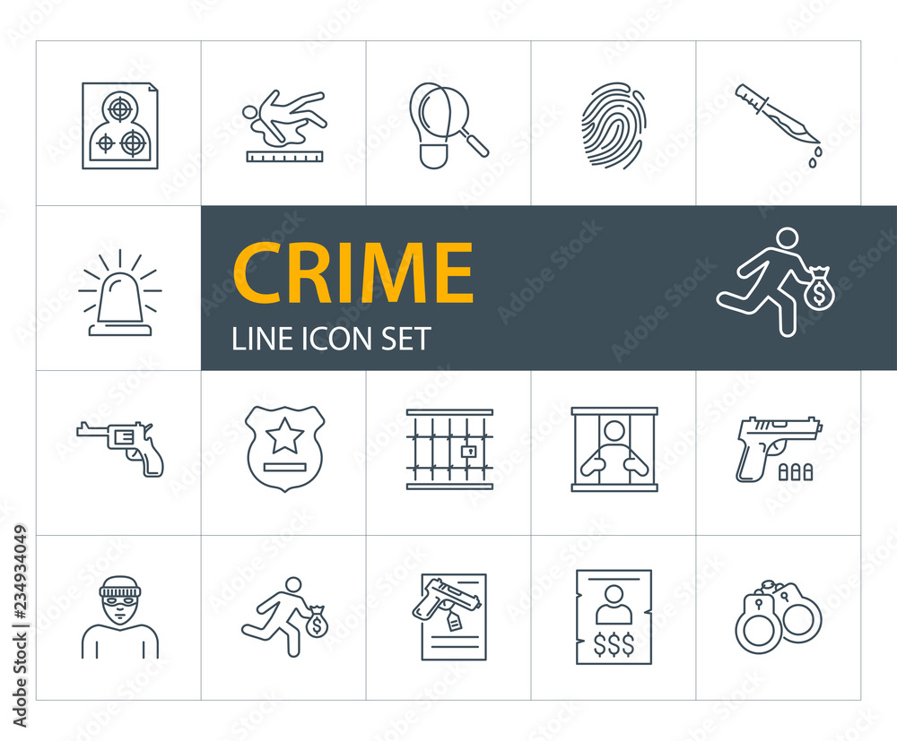 Crime line icon set. Prisoner, robber, gun. Law concept. Can be used ...