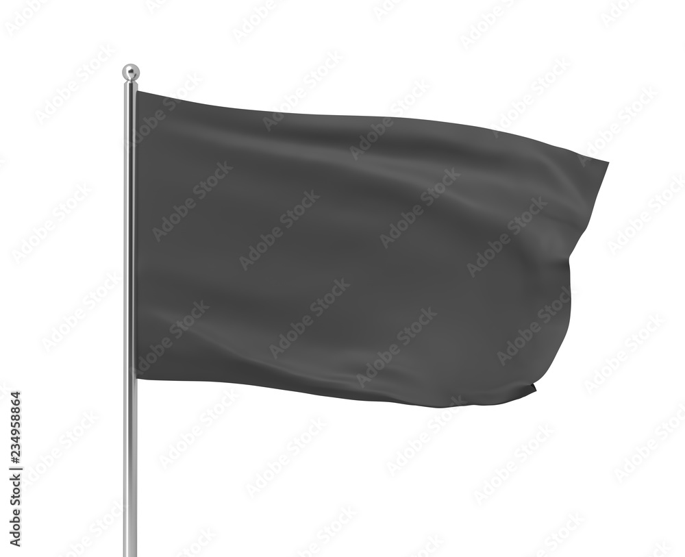 3d rendering of black flag hanging on post and wavering on a white ...