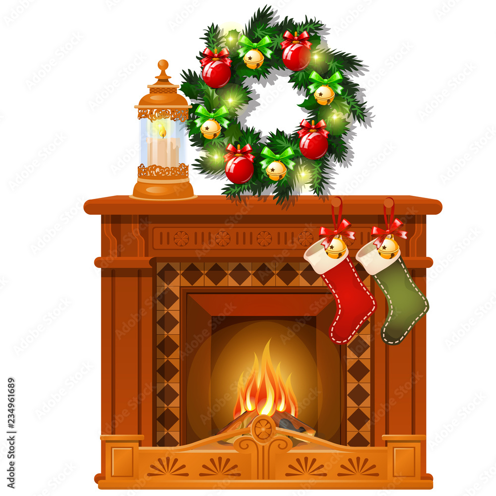 Christmas sketch with fireplace and decorations, glass balls and ...