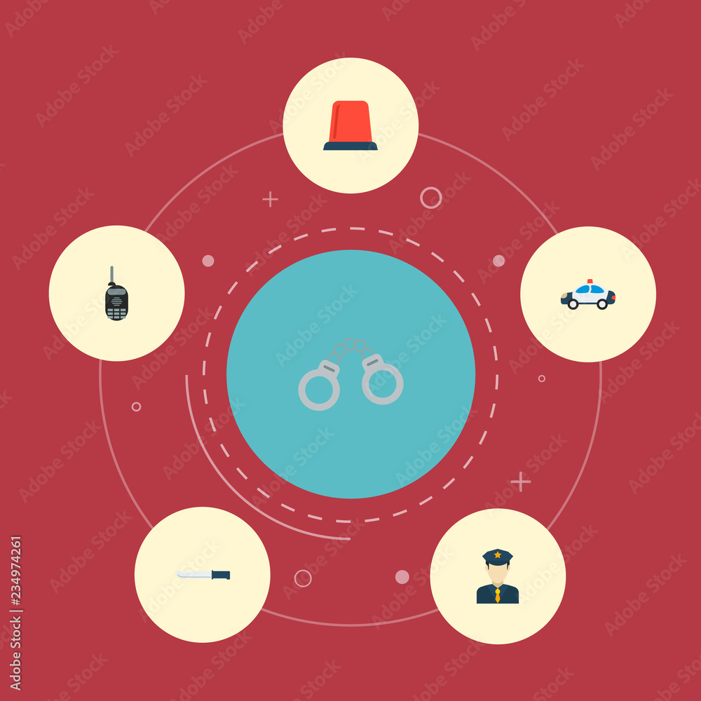 Set of crime icons flat style symbols with cop car, radio, flasher ...
