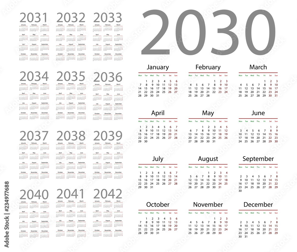 Simple calendar 2030 on white background. Vector illustration Stock ...