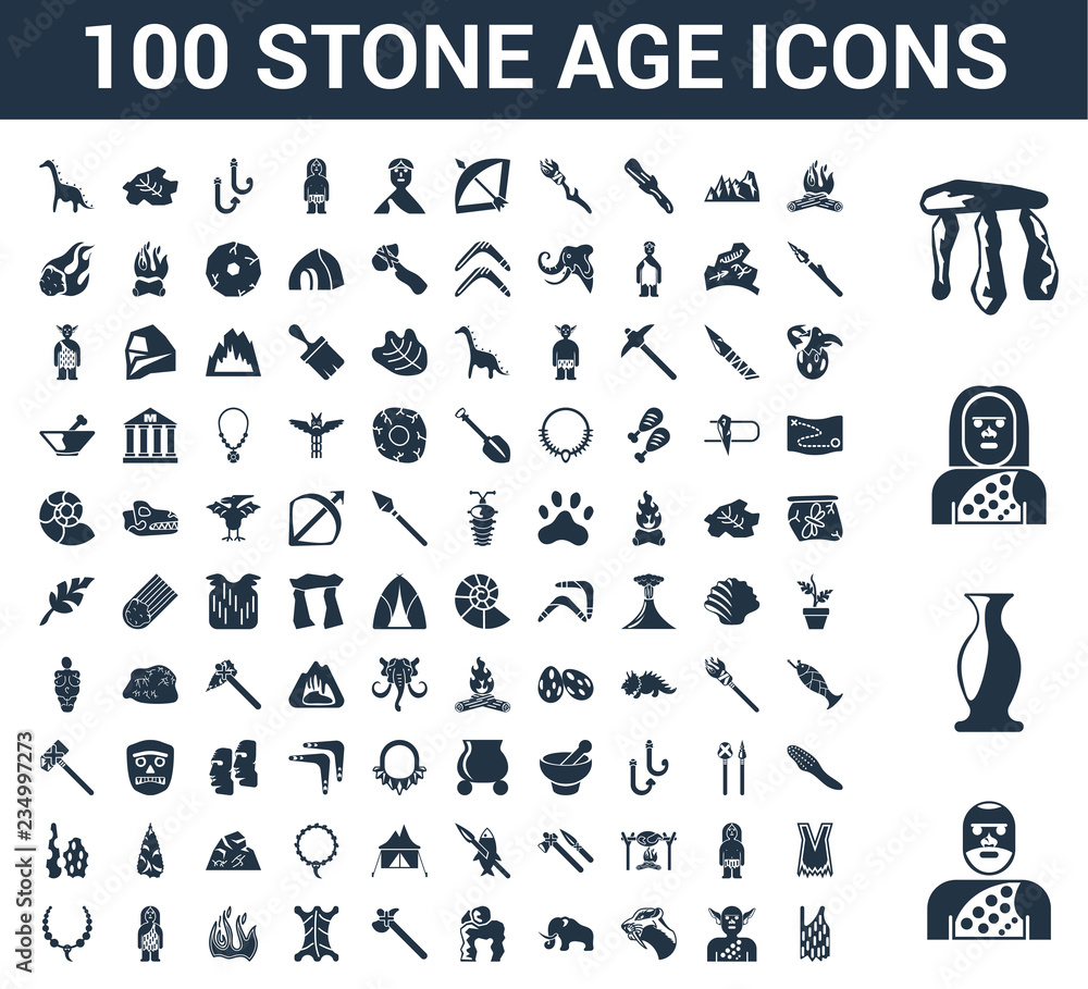 100 Stone Age universal icons set with Troglodyte, Pottery, Dolmen ...