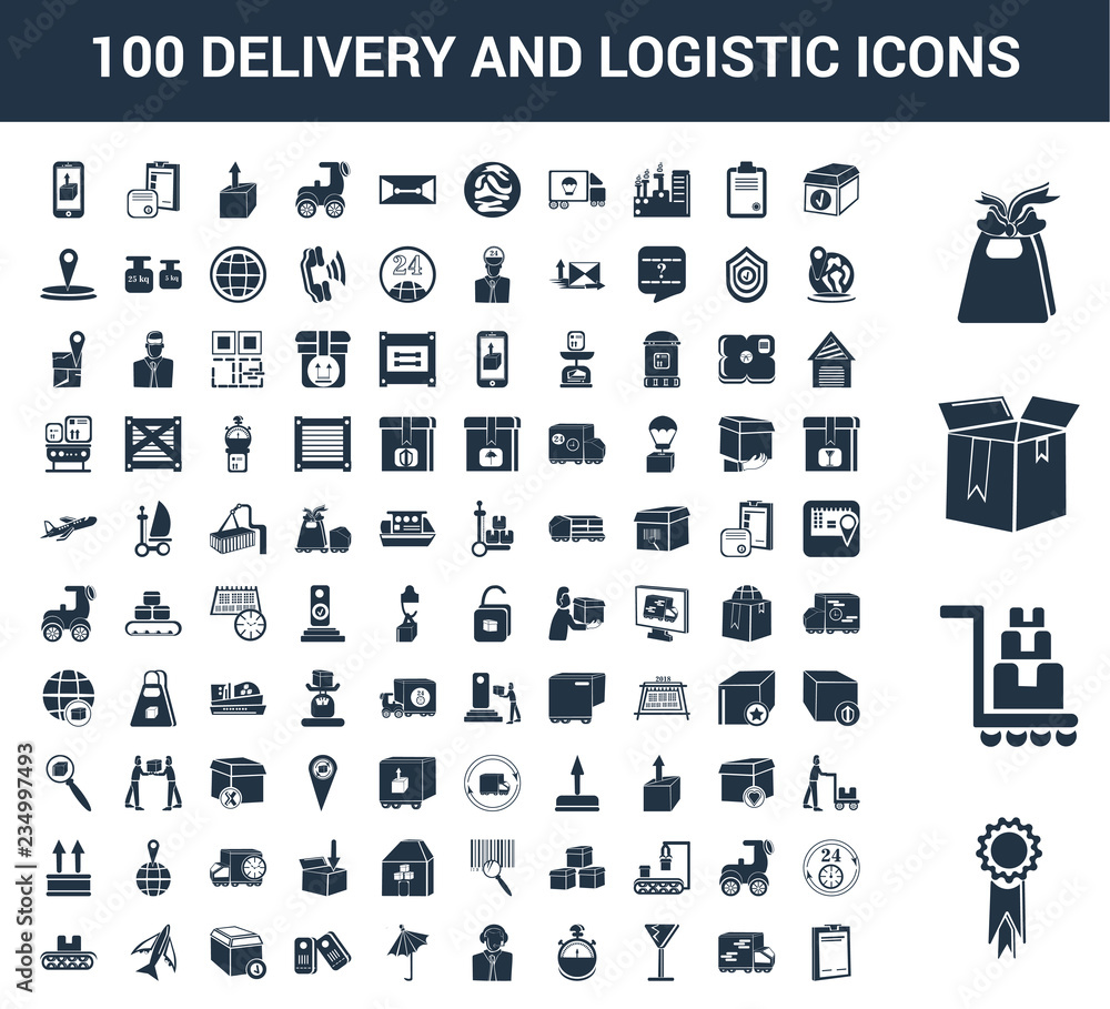 100 Delivery and Logistic universal icons set with Certificate, Trolley ...
