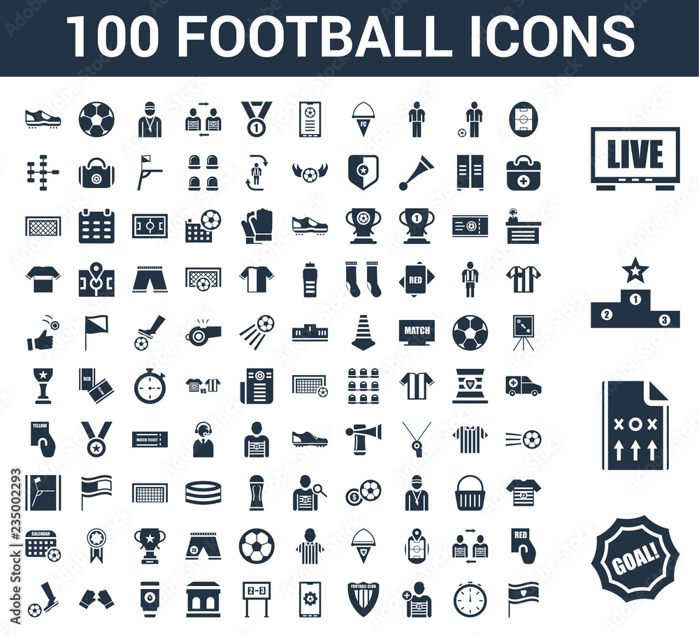 100 Football universal icons set with Goal, Strategy, Podium ...