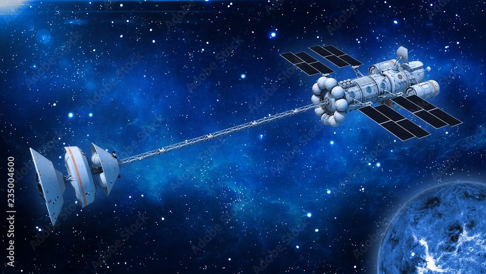 Spaceship with solar panels in deep space, UFO spacecraft flying in the ...