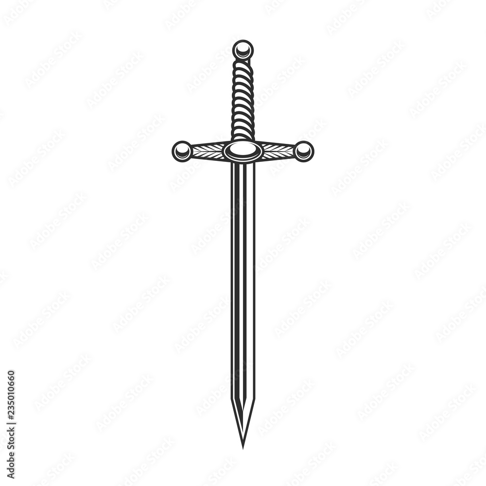 Vintage knight sword in monochrome style isolated vector illustration ...