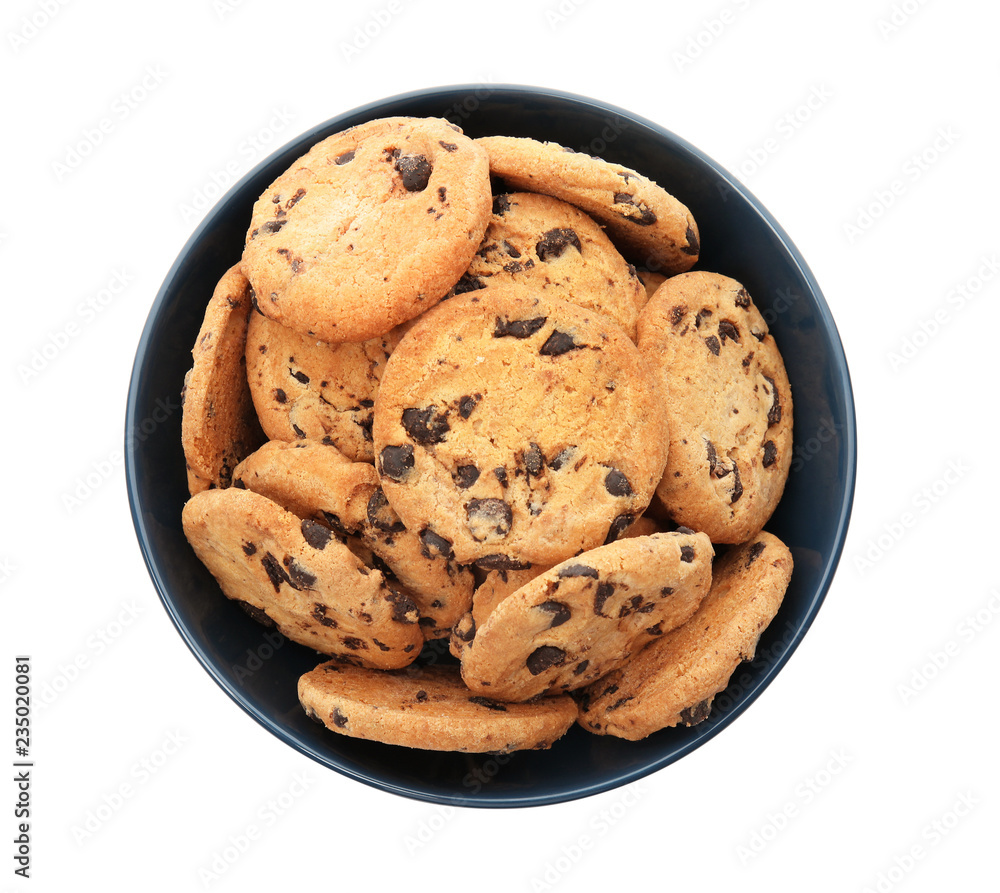 Bowl with tasty chocolate chip cookies on white background, top view ...