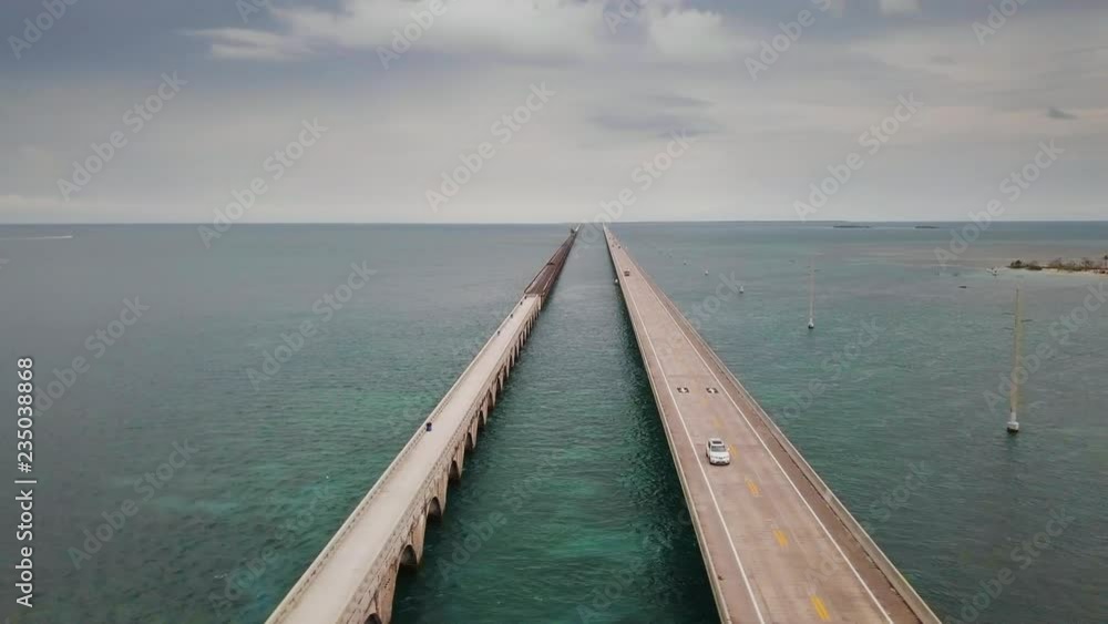 Aerial of the Seven Mile Bridge in the Florida Keys. Long bridge ...