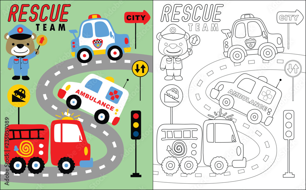 coloring book vector of rescue team vehicle cartoon with funny traffic ...