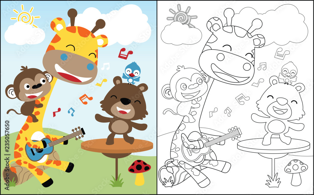 coloring book vector of playing music with cute animals Stock Vector ...