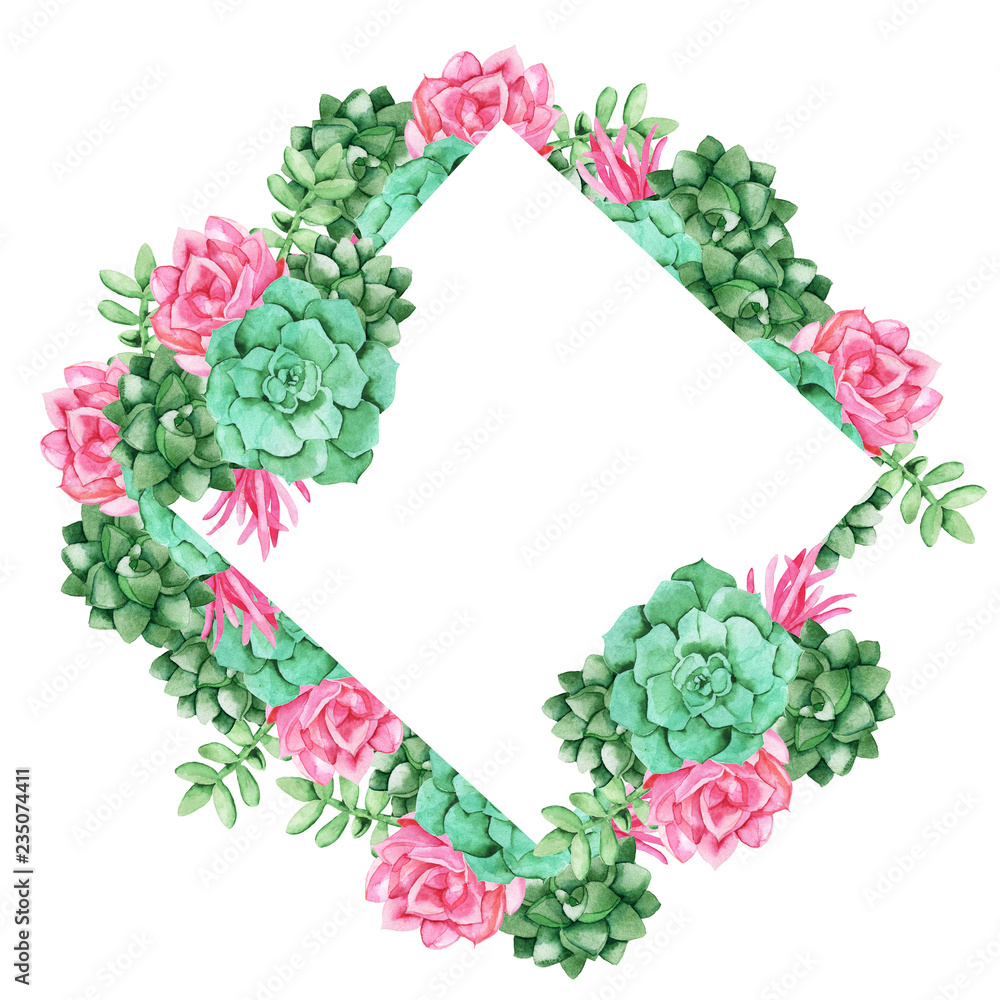 Green and pink succulent floral border isolated on white background ...