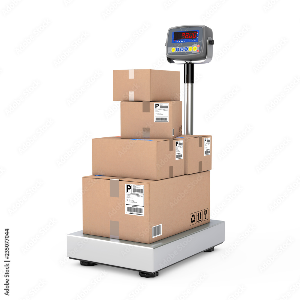 Stacked Cardboard Boxes Parcels over Warehouse Digital Cargo Scales. 3d ...