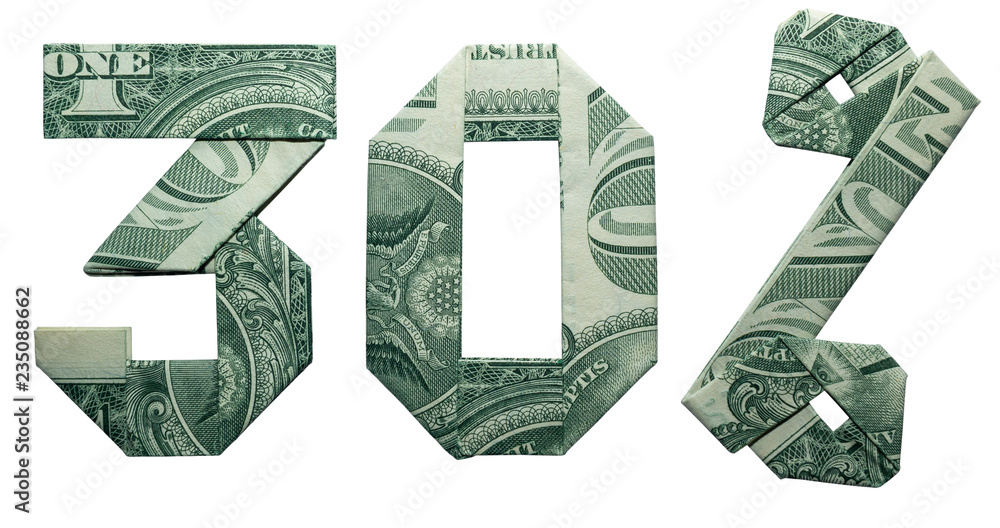 Money Origami 30 Percent Sale Sign Folded with 3 Real One Dollar Bills ...