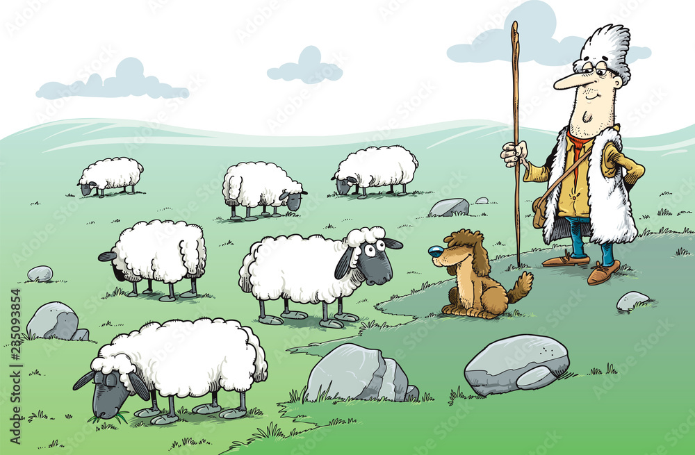 Shepherd with a flock of sheep Stock Vector | Adobe Stock