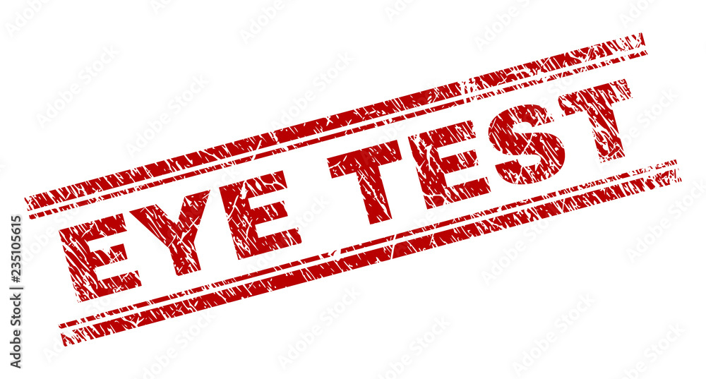 EYE TEST seal imprint with distress texture. Red vector rubber print of ...