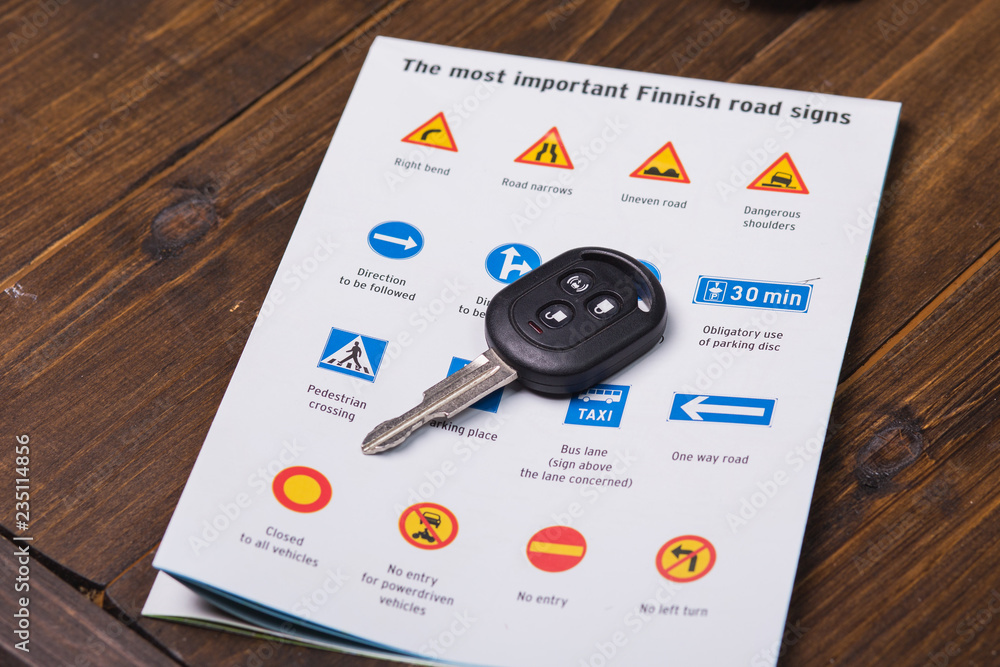 Concept - driving instruction. Closeup of road signs and car keys Stock ...