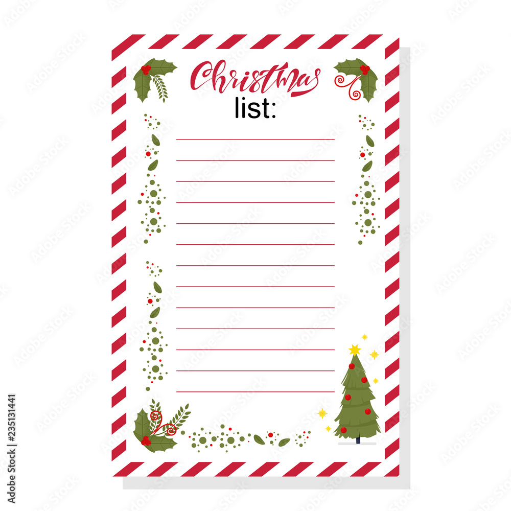 Christmas wish list with holly berry leaves and holiday tree vector ...