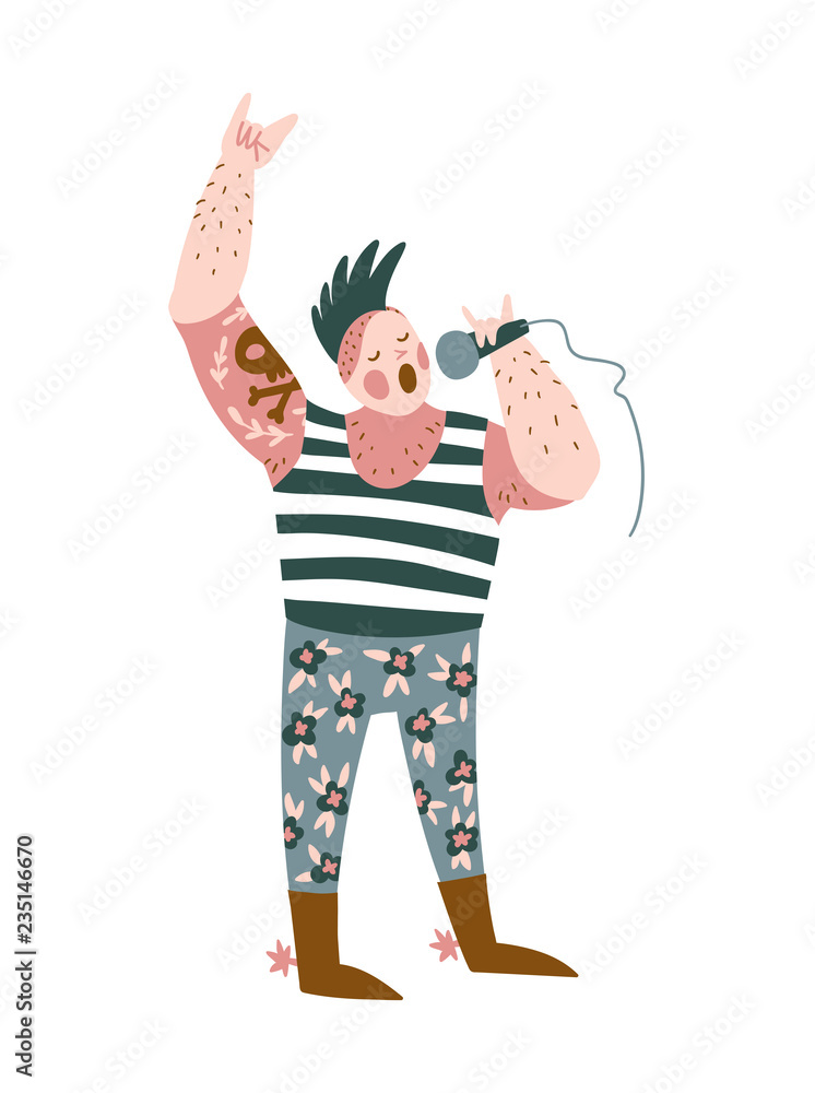 Funny musician singing punk rock song isolated on the white background ...