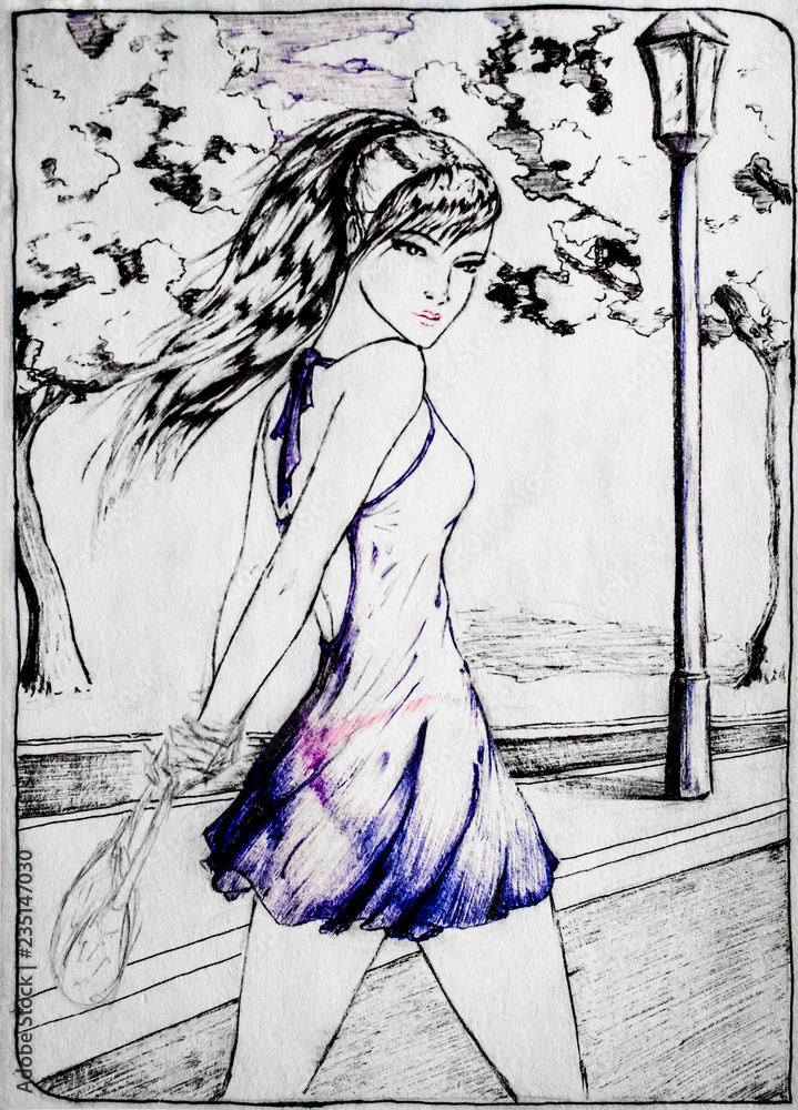 Sketch Of A Girl Walking