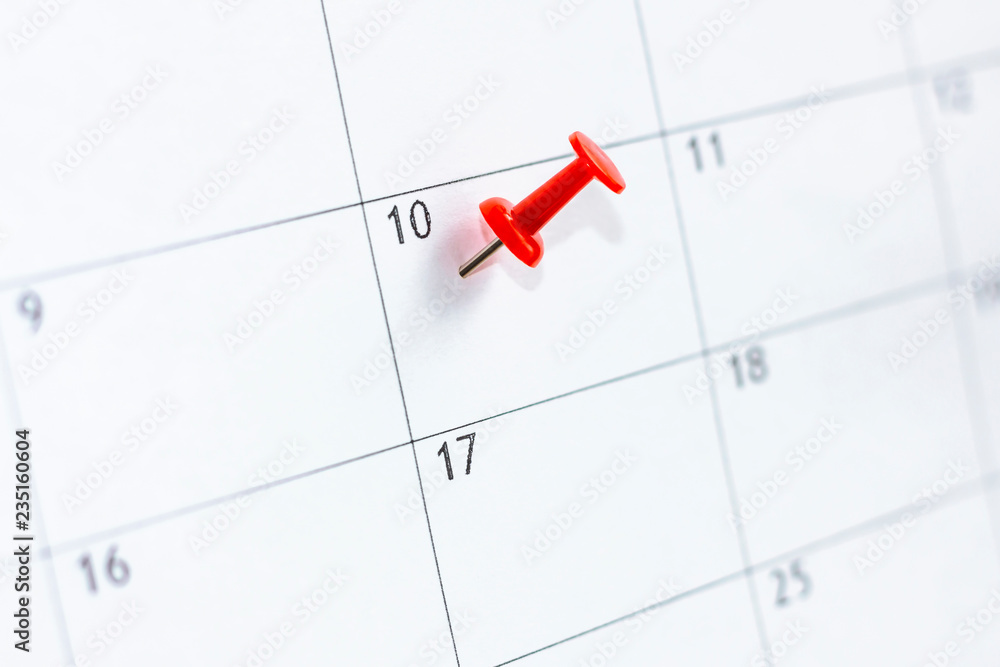 calendar entry. 10 day marked by Red color pin thumbtack. Save the Date ...