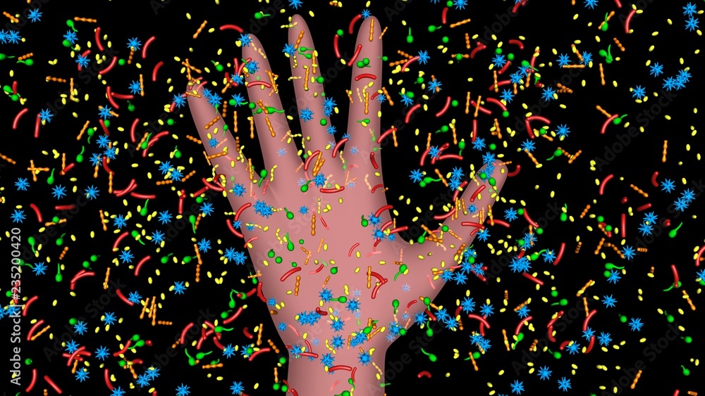 Microbiome bacteria, viruses, microbes on hand. 3d render Stock ...