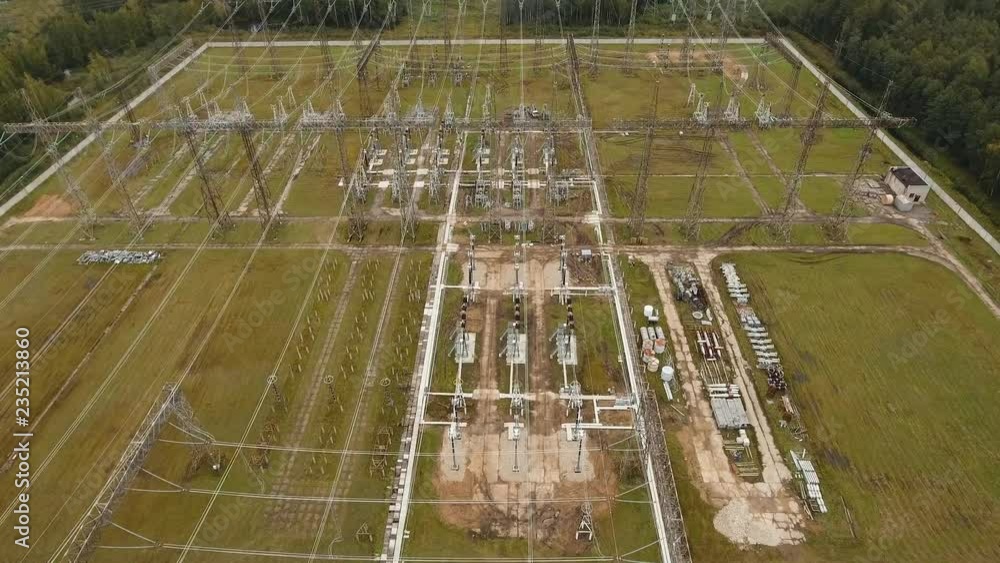 Aerial view Power plant, transformation station, cables and wires. High ...
