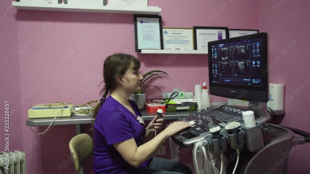 Doctor does an ultrasound examination. Ultrasound diagnostics with the ... Doctor does an ultrasound examination. Ultrasound diagnostics with the ...