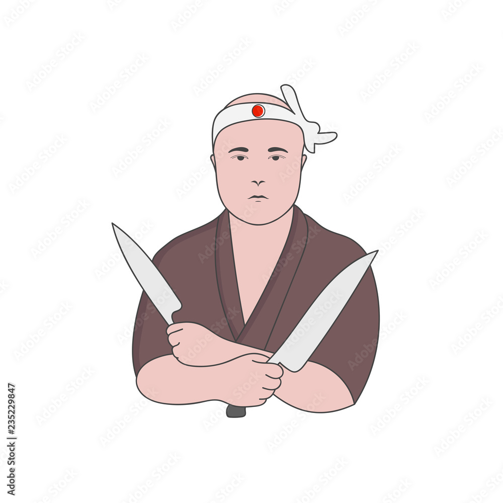 Japanese chef vector illustration. Cook in a kimono with a kitchen ...