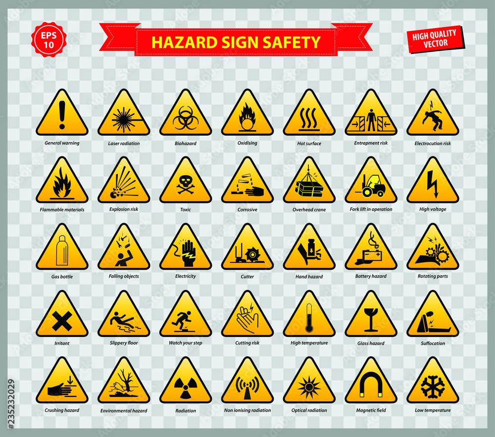 Vetor de set of hazard sign safety (general warning, laser radiation ...