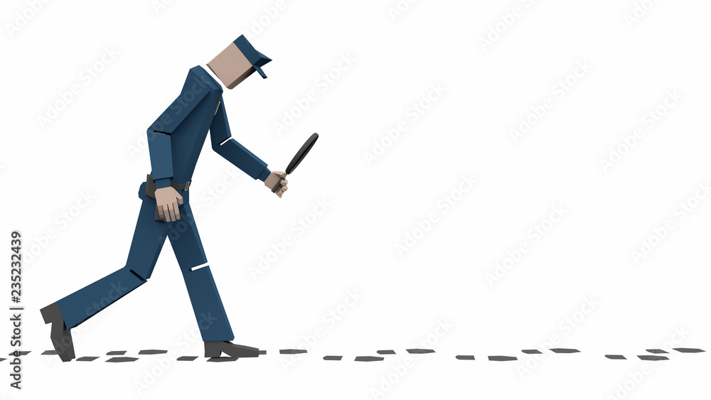 policeman with a magnifying glass investigate suspicious footprints 3d ...