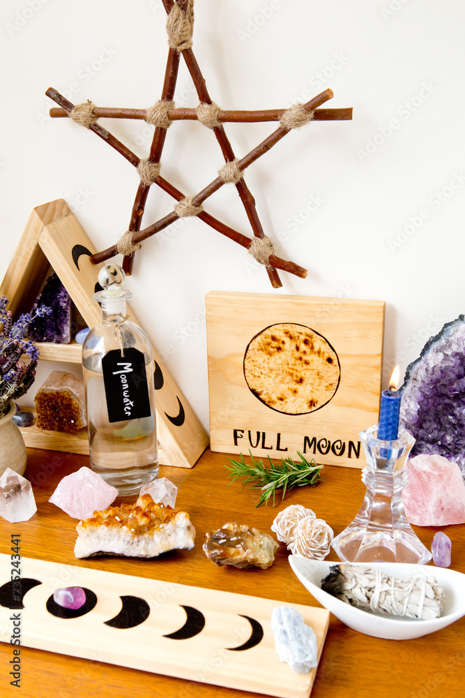 Full Moon Altar setup for ritual, with herbs, crystals, candle ...