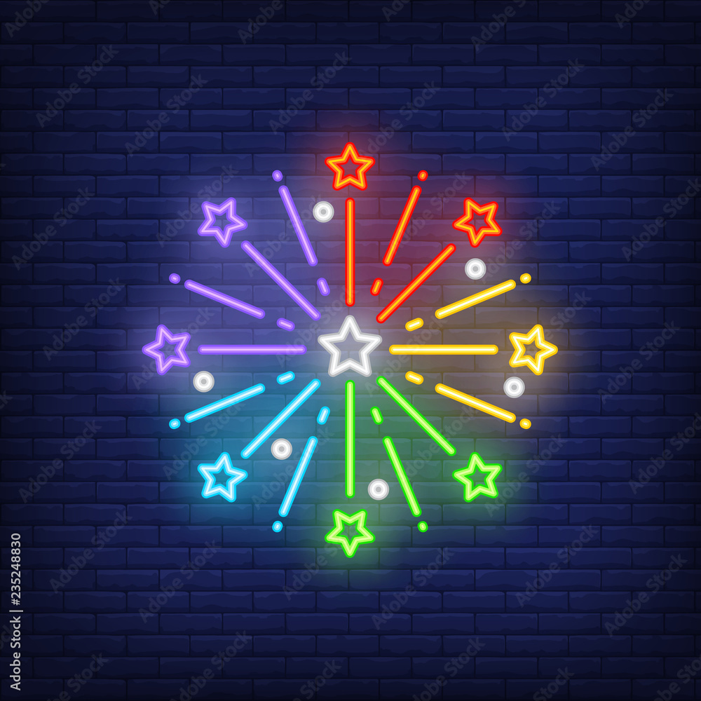 Fireworks neon sign. Party or advertisement design. Night bright neon ...