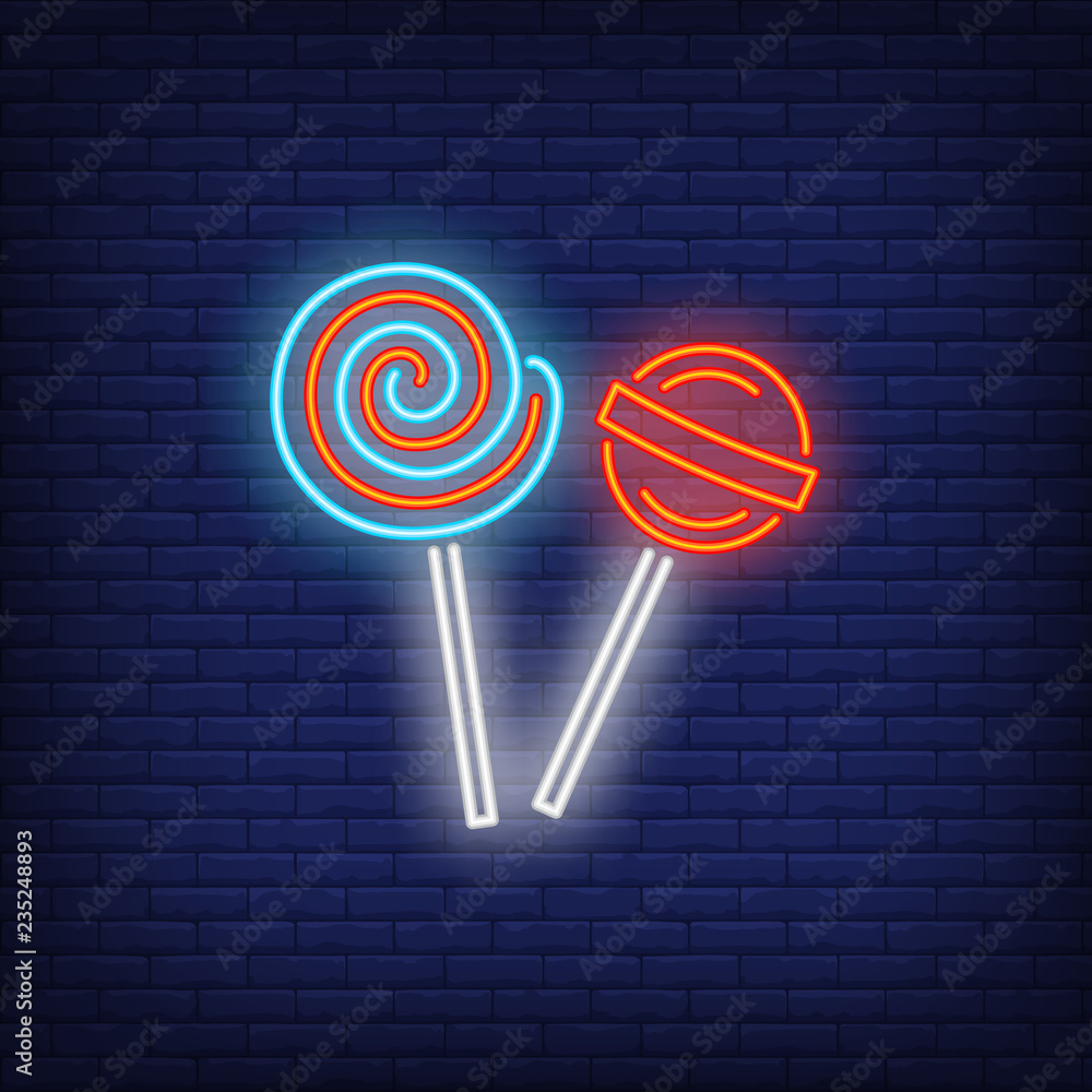Lollipops neon sign. Invitation, dessert or advertisement design. Night ...