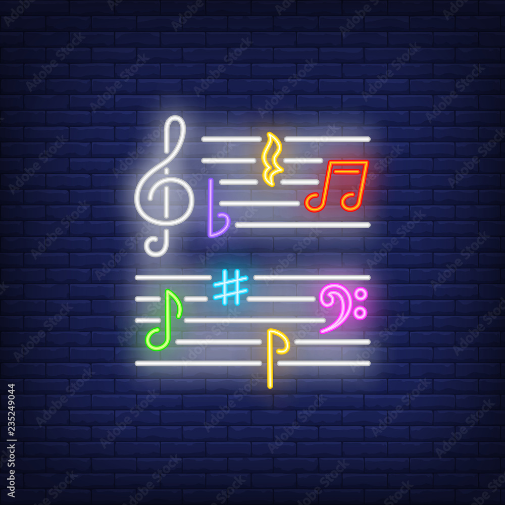 Various music notes neon sign. Classical music, concert or ...