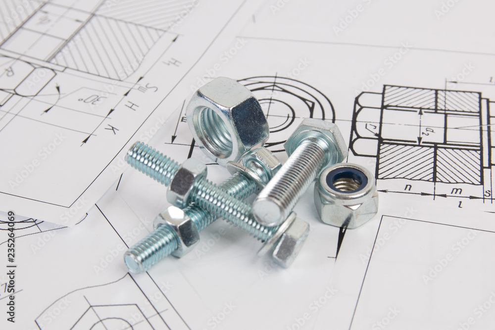 Technical drawings of bolt and nut. Engineering, technology and ...
