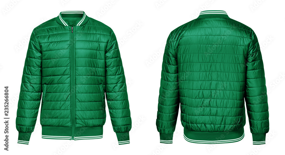 Blank template green jacket bomber with white stripe, front and back ...