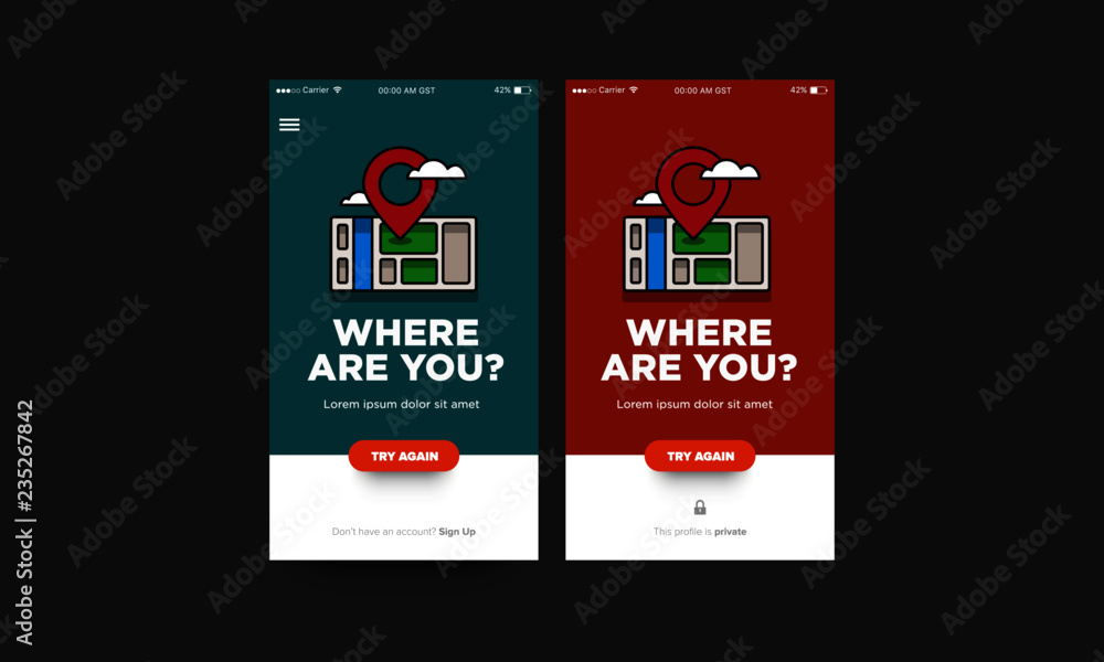Where Are You Page Design with Location Pin and Map for Phone App or ...