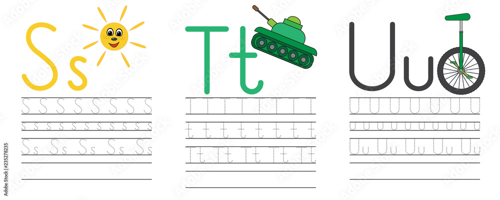 Writing practice of letters S, T, U. Education for children. Vector ...