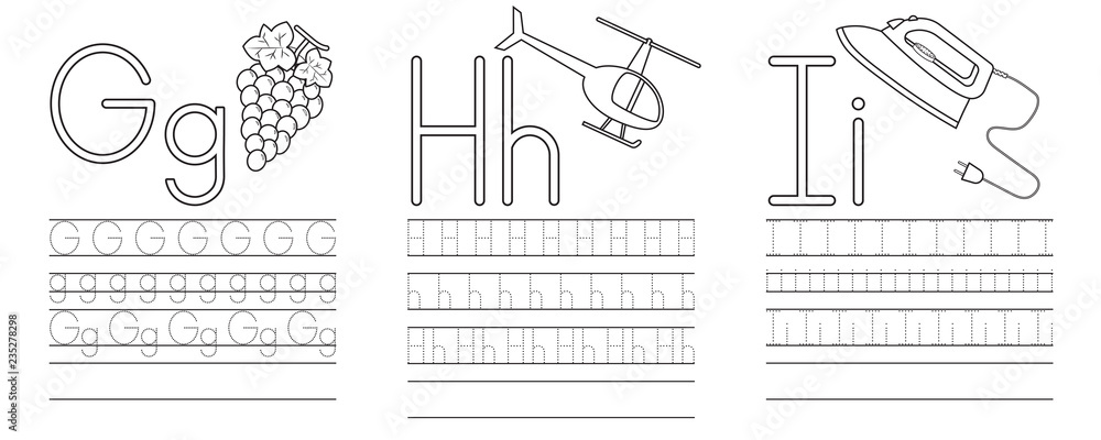 Writing practice of letters G,H,I. Coloring book. Education for ...