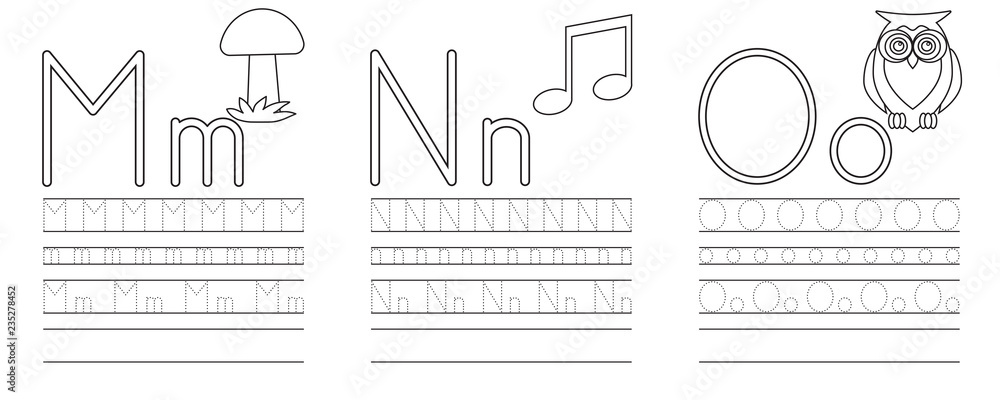 Writing practice of letters M,N,O. Coloring book. Education for ...