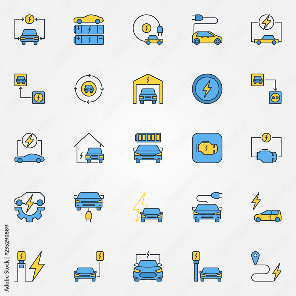 Vector electric car creative icons set. Vector electric vehicle and EV ...