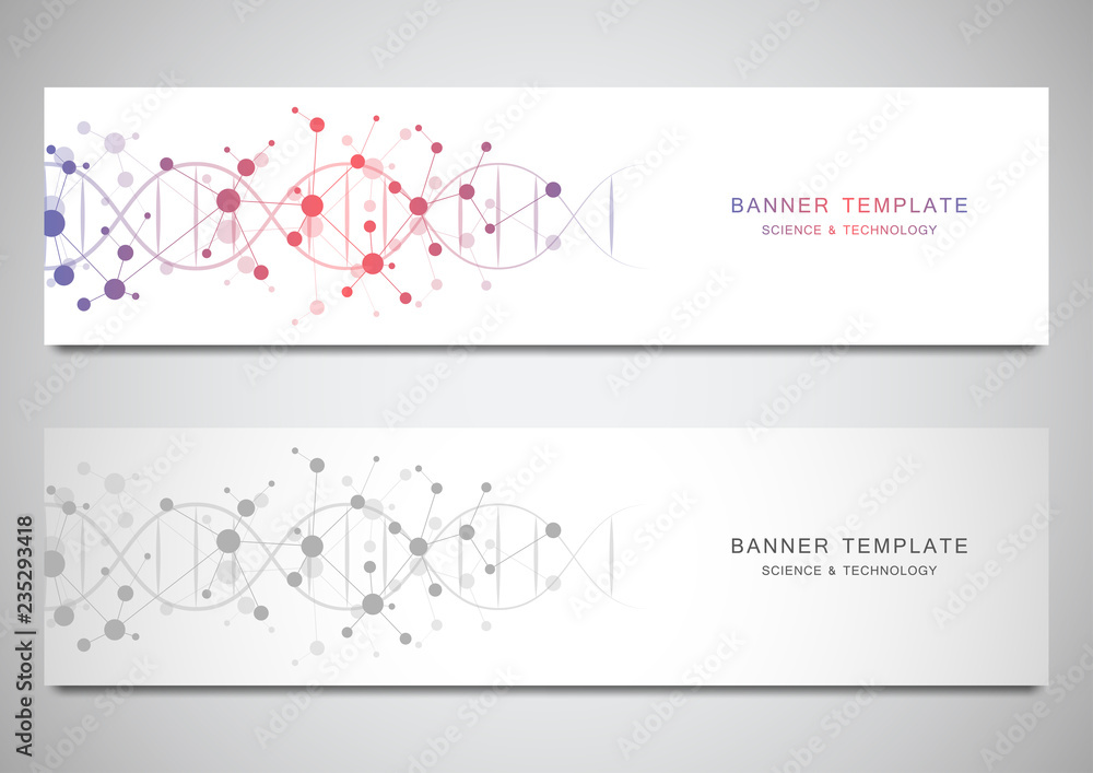 Vector banners and headers for site with DNA strand and molecular ...