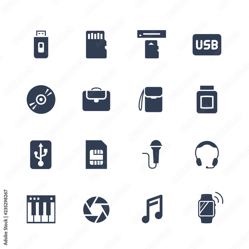 Electronics and gadgets icon set: flash drive, memory card, card reader ...