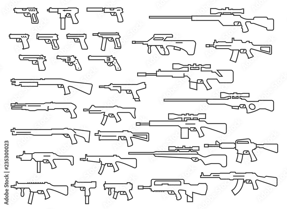 Poster Vector guns, weapons set in thin line style – Wall Art | UkPosters