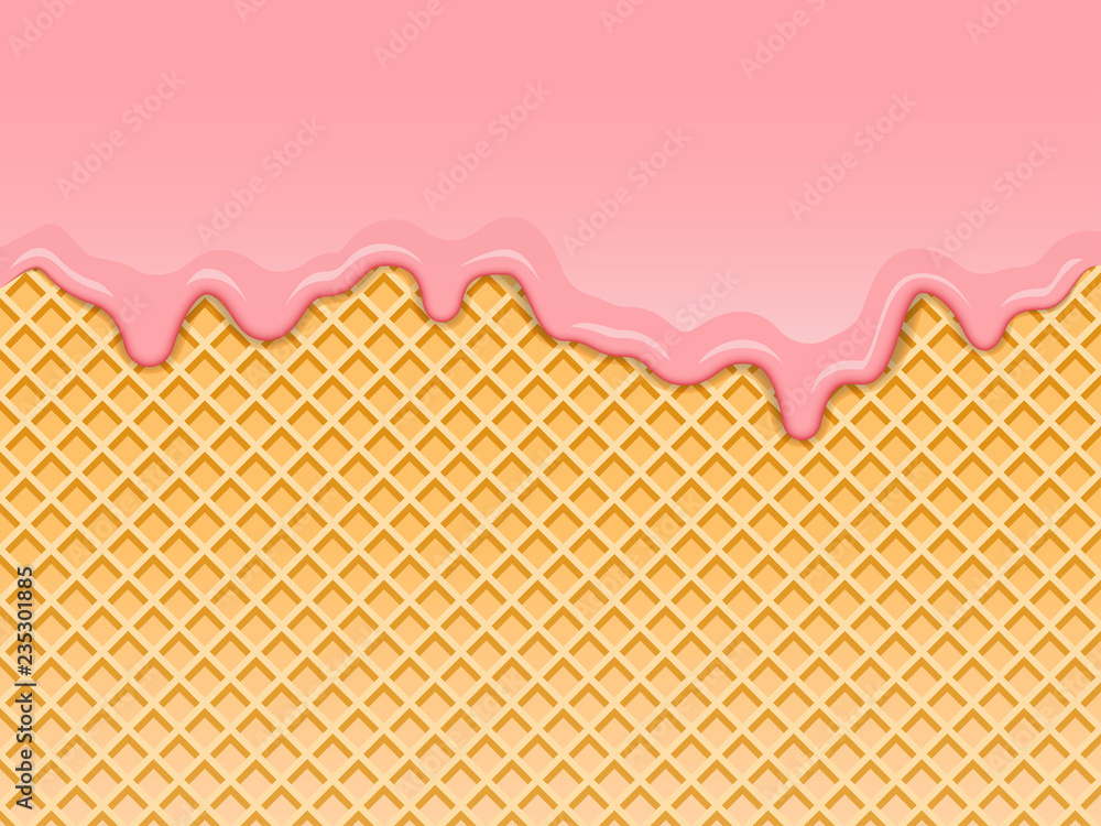 Pink Strawberry Ice Cream Melted On Waffle Background Vector