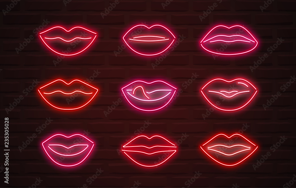 Vector neon lips signs over brickwall background Stock Vector | Adobe Stock